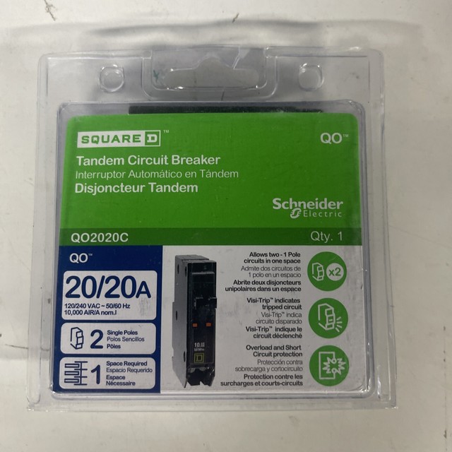 Square D QO Tandem Mini Circuit Breaker (QO2020) - 230/240V, 20/20A for ...