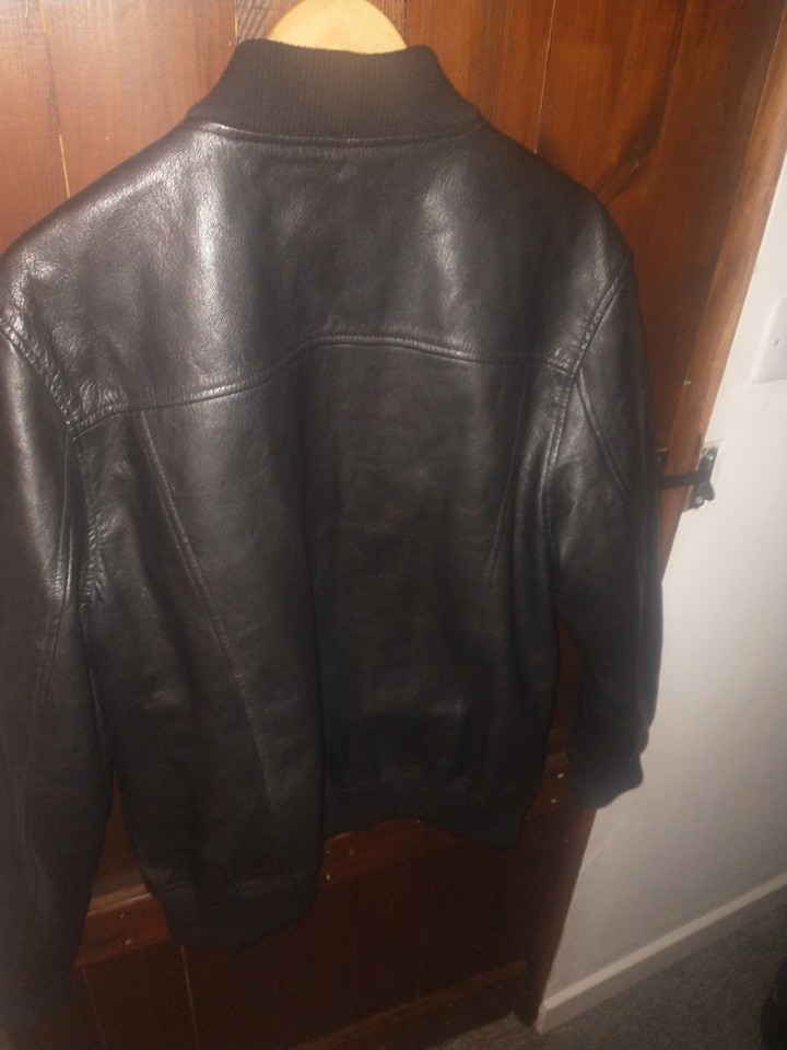 Next Men Outerwear Black Leather Bomber Jacket Zip Up Size L Large ...