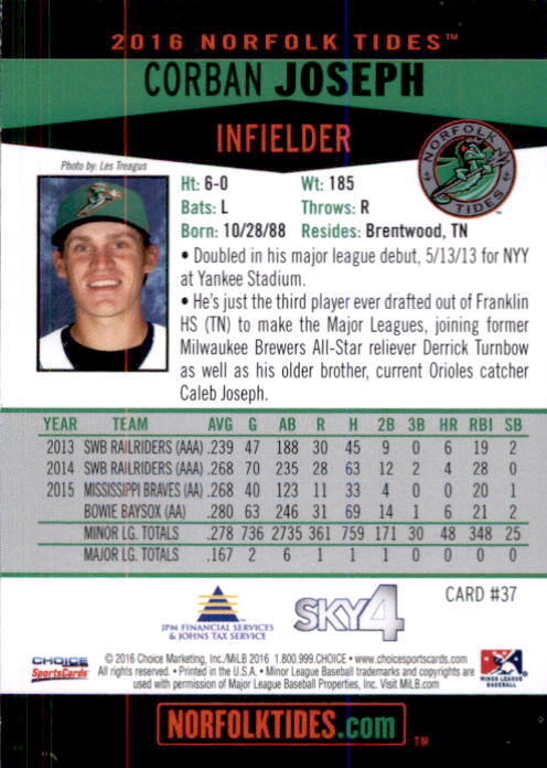 2016 Norfolk Tides Choice #37 Corban Joseph Brentwood Tennessee TN ...