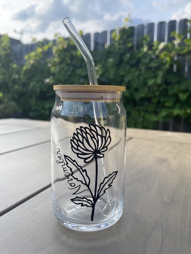 November Birth Flower Iced Coffee 16 oz Glass Cup with Bamboo Lid and ...