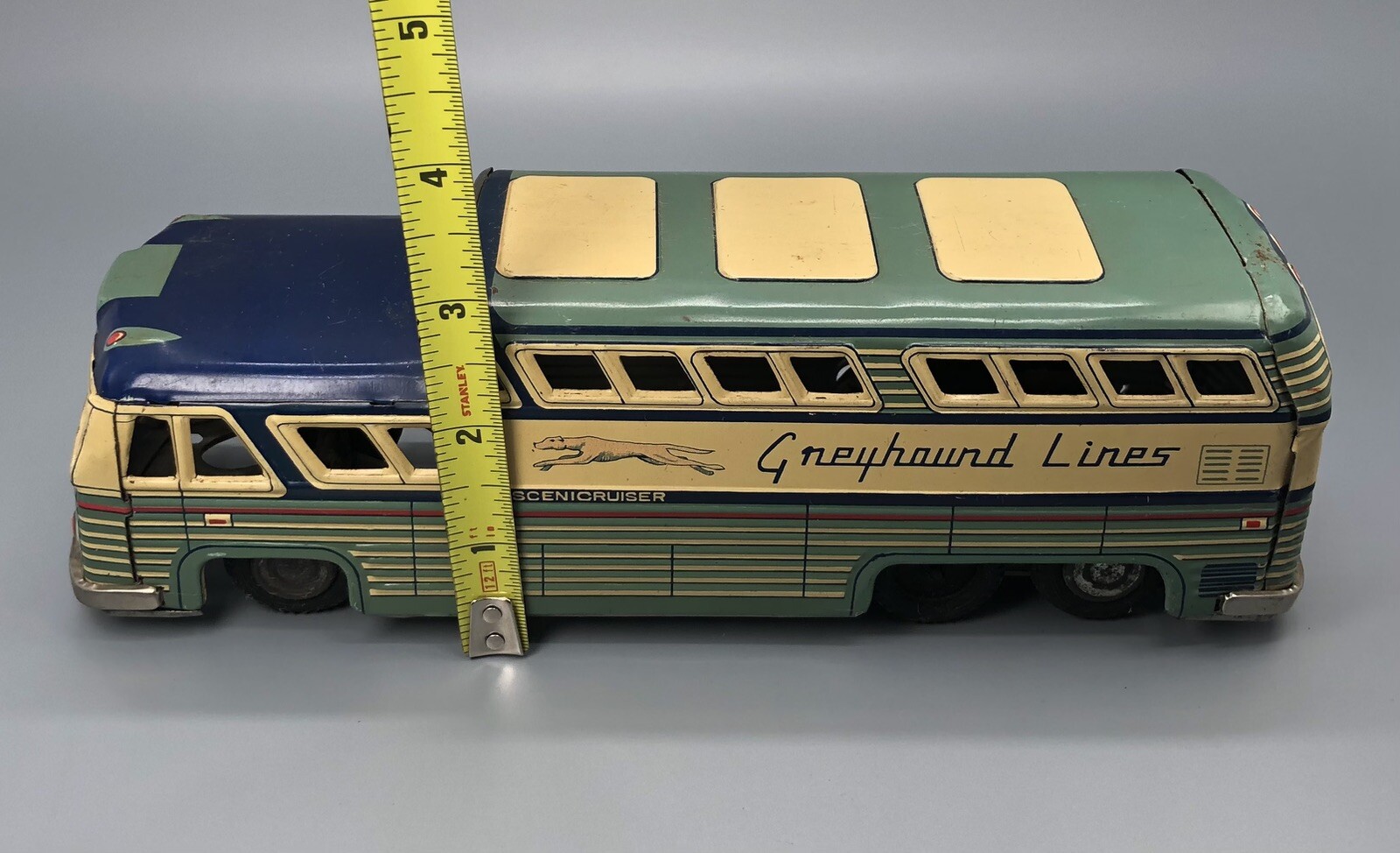 Vtg 1950s Tin Toy Friction Bus / 9" Greyhound Lines Scenicruiser ...