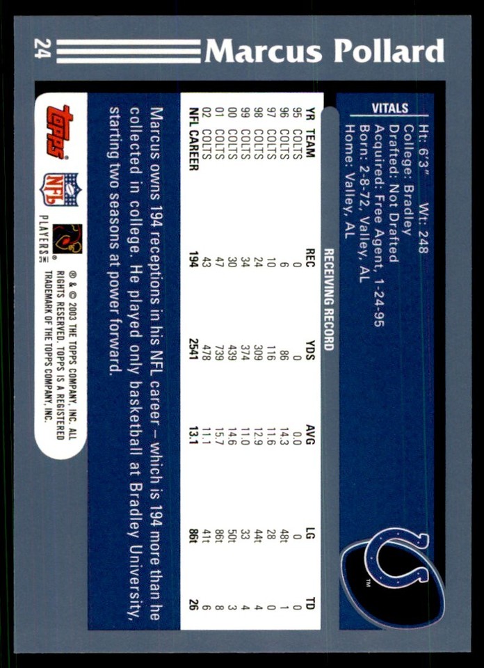 2003 TOPPS MARCUS POLLARD INDIANAPOLIS COLTS #24 | eBay