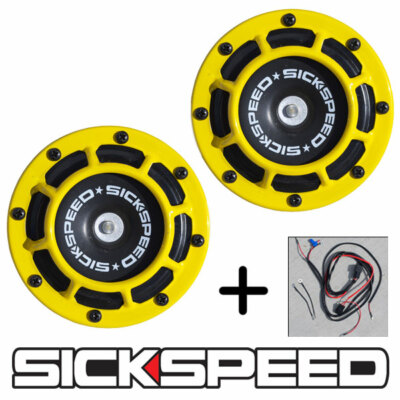 SICKSPEED 2 YELLOW SUPER LOUD GRILLE MOUNT COMPACT BLAST TONE HORN W ...