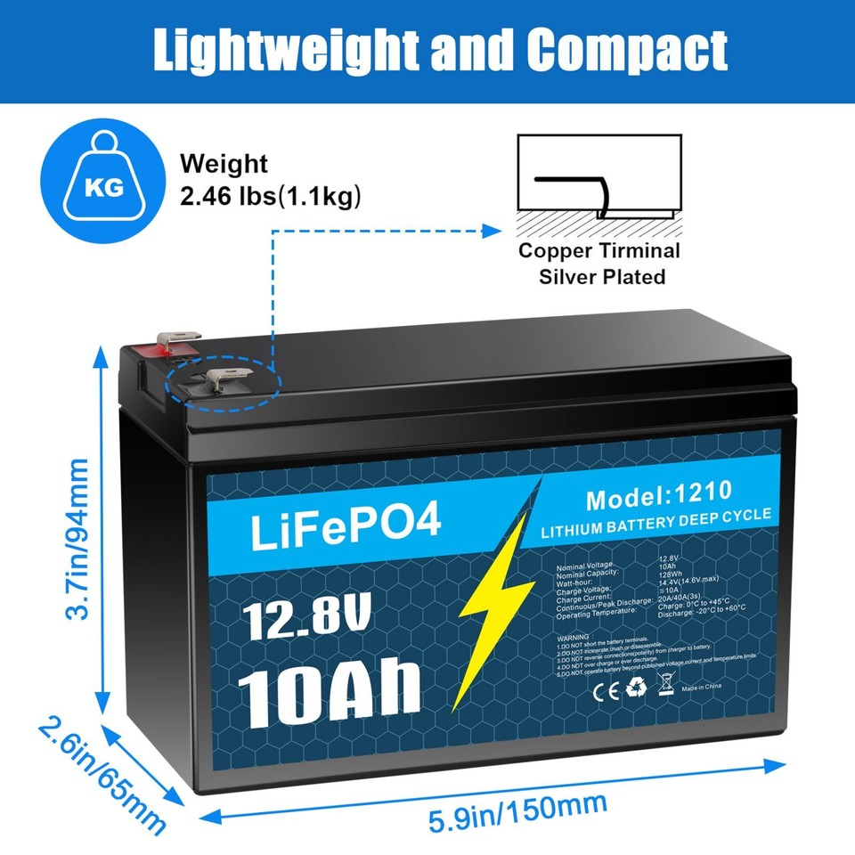 12V 10Ah Lithium LiFePO4 Deep Cycle Battery for Solar/Wind Power, Small ...