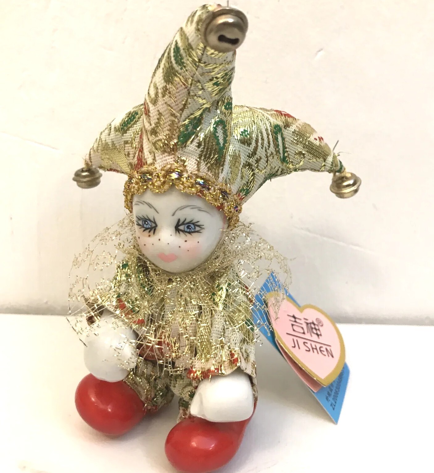 Ji Shen Porcelain Face Jester Joker Doll 5.5" Gold Outfit Bells Hat Red ...