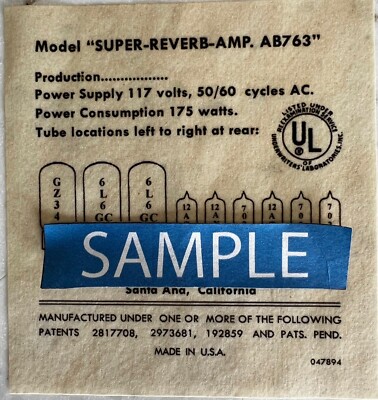 Vintage Blackface Super Reverb AB763 Replacement Tube Chart FMI UL ...