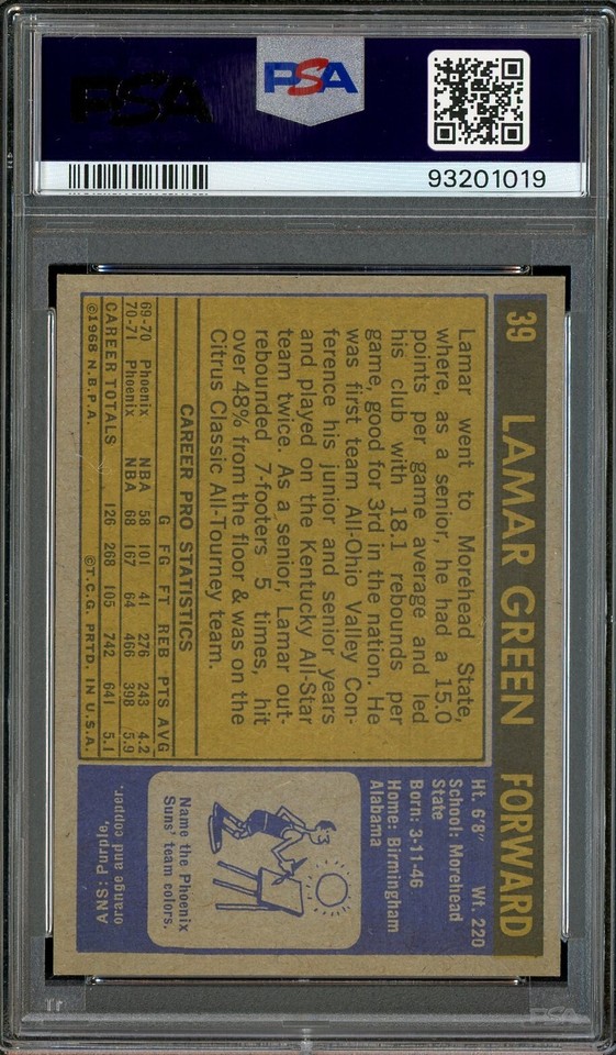 1971 Topps Basketball #39 Lamar Green PSA 9 Setbreak Suns Centered | eBay