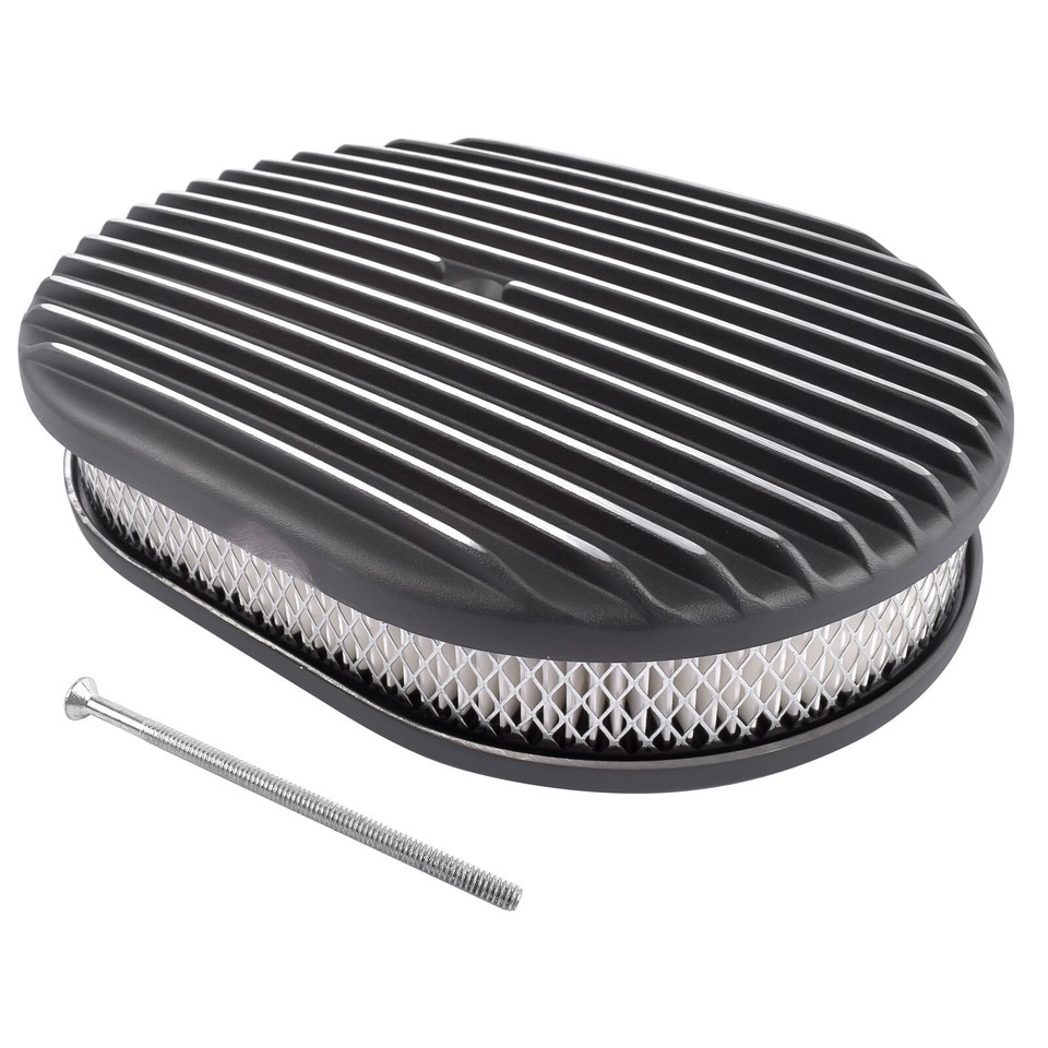New Black Aluminum 12" Oval Fully Finned Air Cleaner 4 Barrel For SBC ...