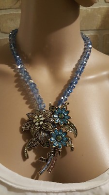 Heidi Daus "Baby Breathless" 3-1/2"L Blue Crystal Floral Pin & AB Bead ...