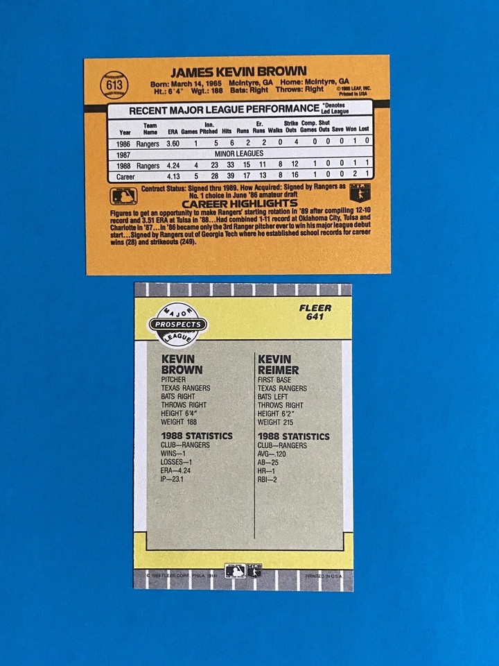 Kevin Brown Rookie Card Lot 1989 Fleer #641 + 1989 Donruss #613 Rangers ...