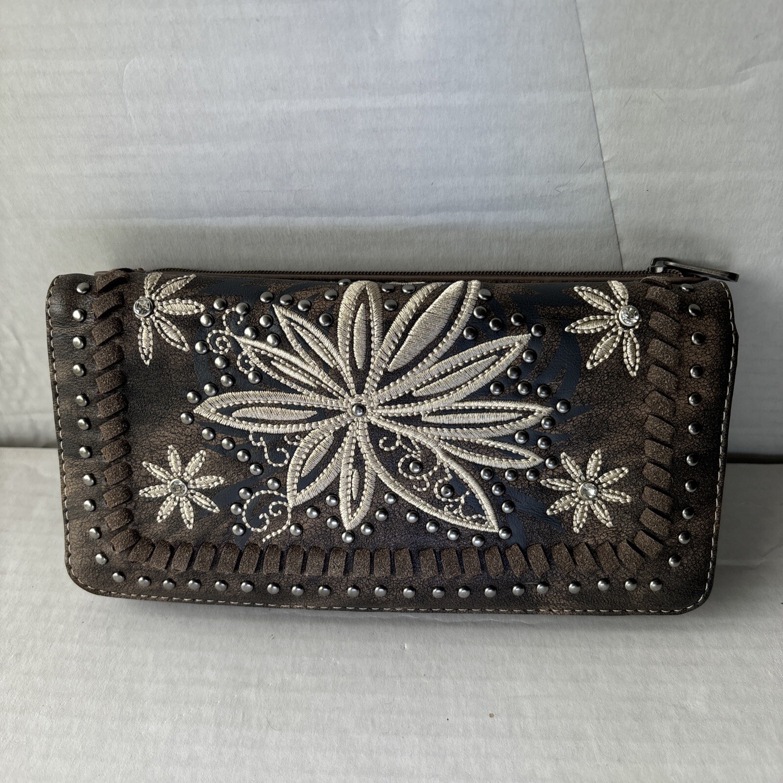 Shyanne Studded Western Wallet Clutch Purse Brown Leather Rhinestones ...