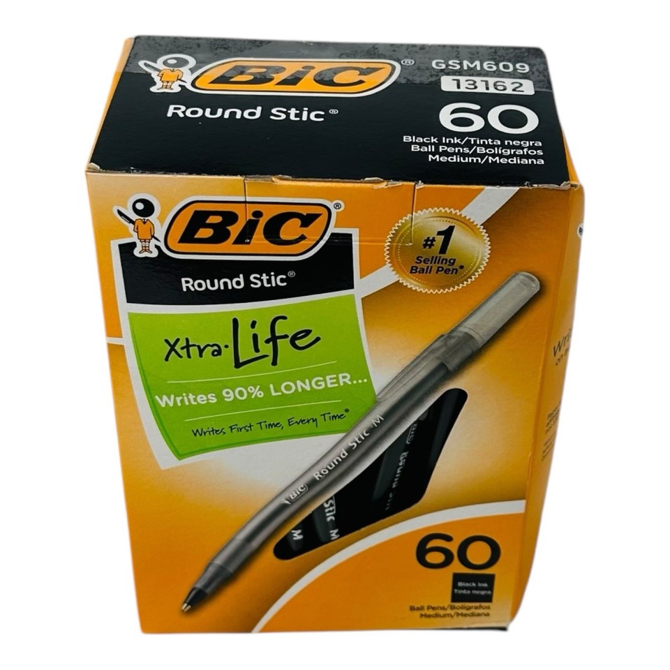 60 Pens BIC Pens Black Round Stic Xtra-Life Medium Point Ballpoint Pen ...