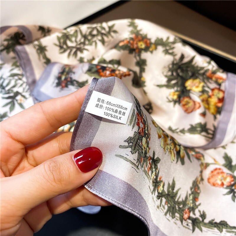 100% Silk Scarf Women Vintage Purple Flower Kerchief Square Bandana ...