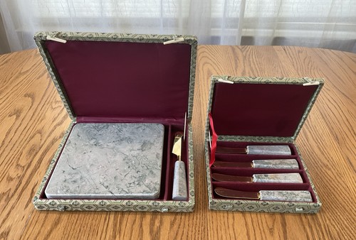 Vtg Marble Stone Cheese Board w/Cutting Knife & 4 Spreaders Marble ...