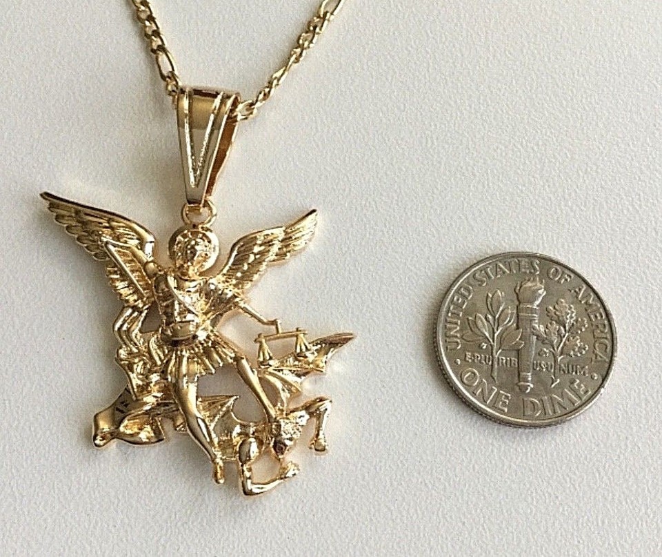 18K Yellow Gold Plated Saint Michael Pendant 20" Figaro Chain Necklace ...