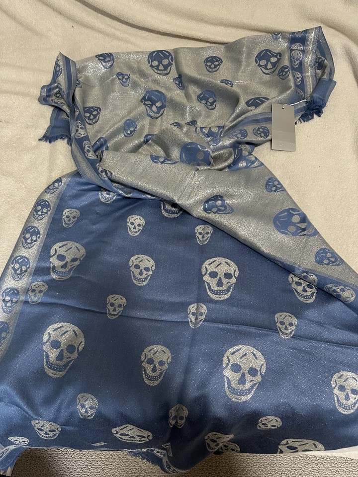 Alexander McQueen Double Face Skull Fringed Scarf Blue | eBay UK