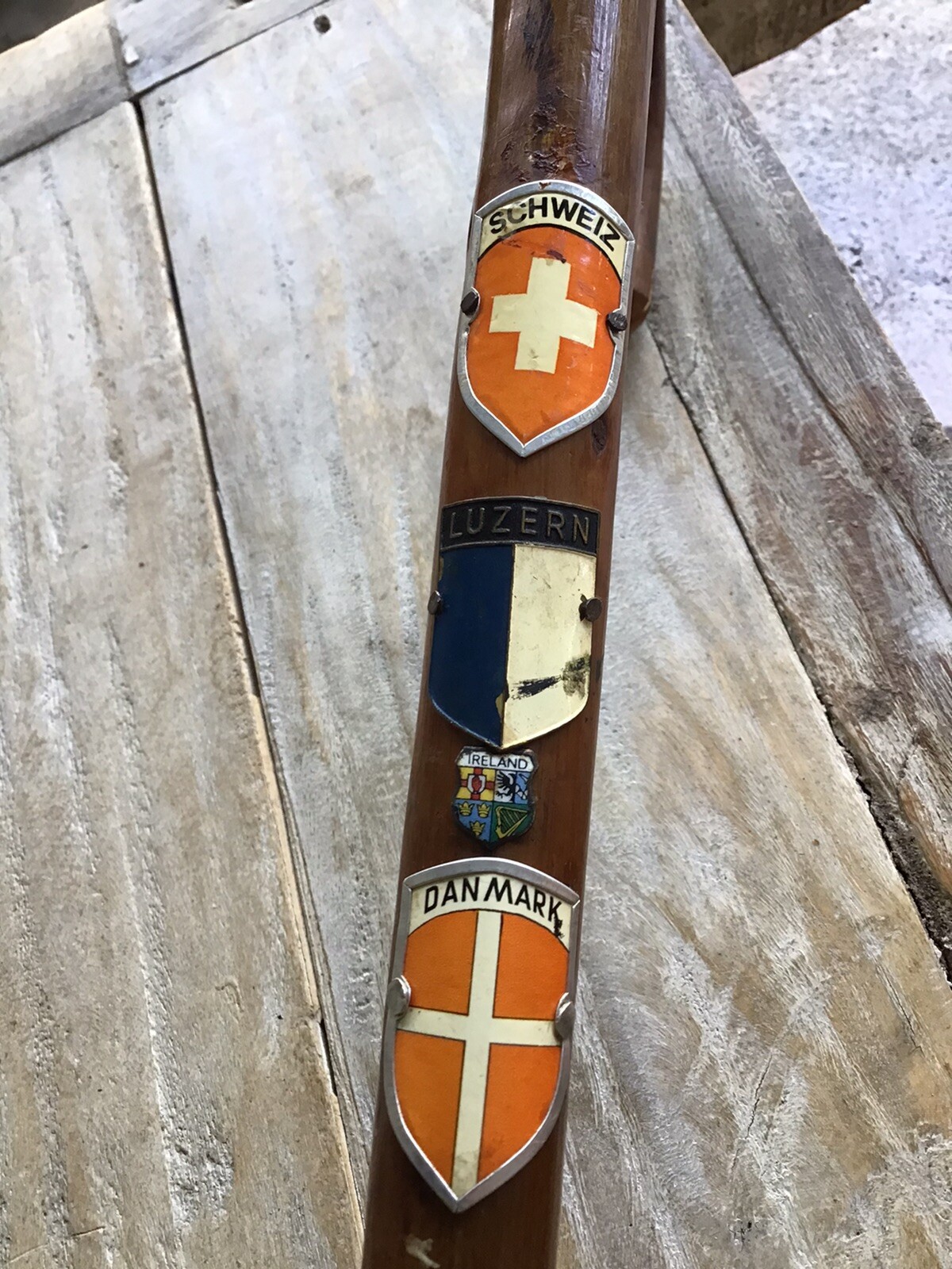 1930 Vintage alpine walking stick with metal medallio… - Gem