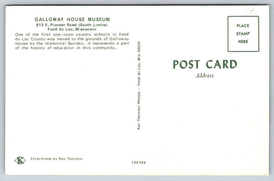 Galloway House Museum, One-Room Schoolhouse, Fond du Lac, WI Postcard ...