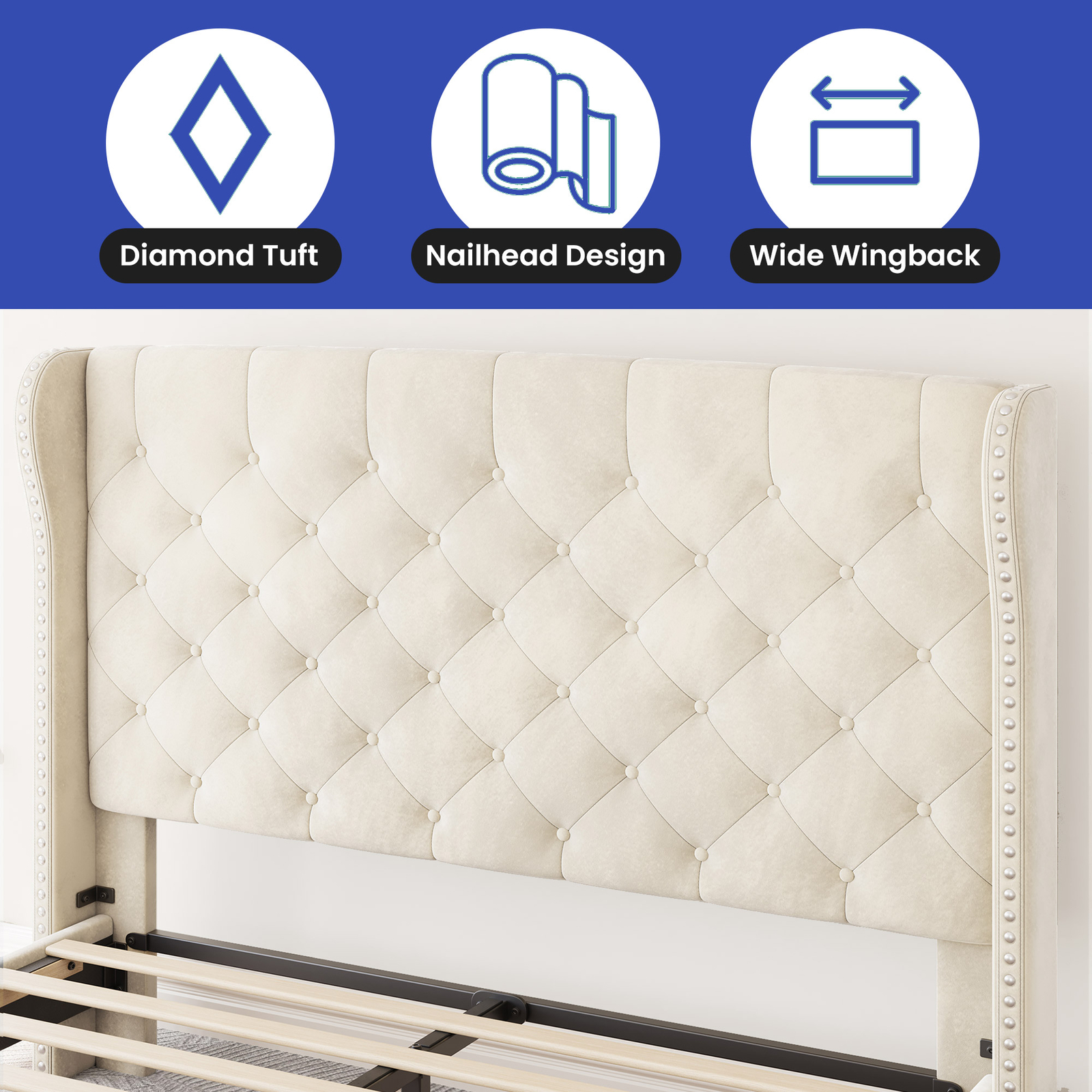 Queen Size Bed Modern Wingback Diamond Velvet Headboard Upholstered ...