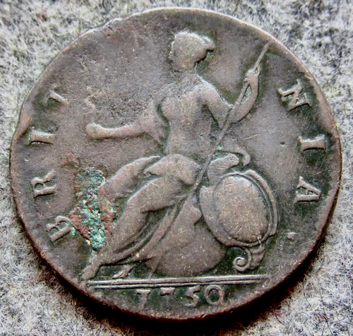 GREAT BRITAIN GEORGE II 1750 HALFPENNY, US EARLY DAYS COLONIAL COPPER ...