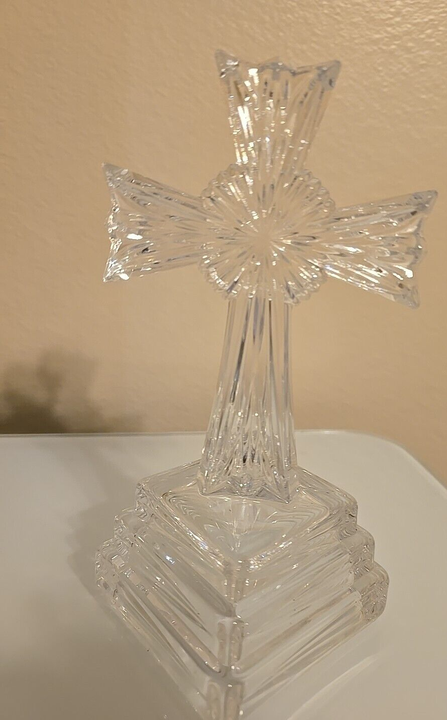 Vintage Crystal Clear 8" Tall Mantle Cross Crucifix Stand 3 Tier Base ...