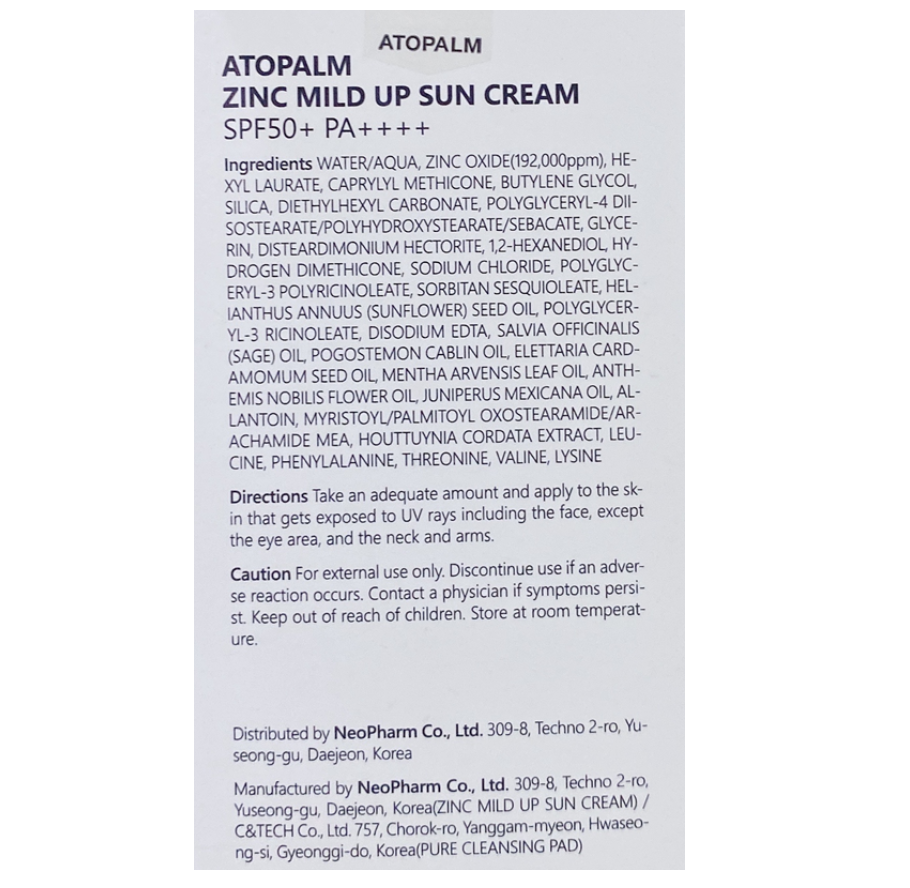 Atopalm ZINC Mild Up Sun Cream SPF50 PA Baby & Kids Daily Use K-Beauty ...