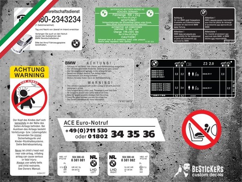 Kit adesivi warning labels BMW Z3 2.0 vano motore 2000 engine bay ...