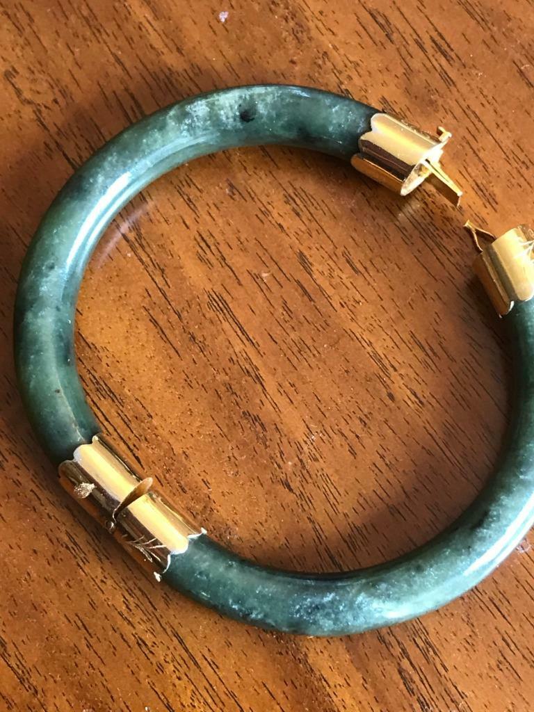 Vintage Japanese Dark Green Jade Engraved Gold Deco B… - Gem