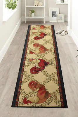 Custom Size Non Skid Country Rooster Beige Low Pile Runner Rug and ...