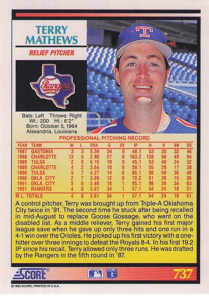 1992 Score #737b Terry Mathews | eBay UK