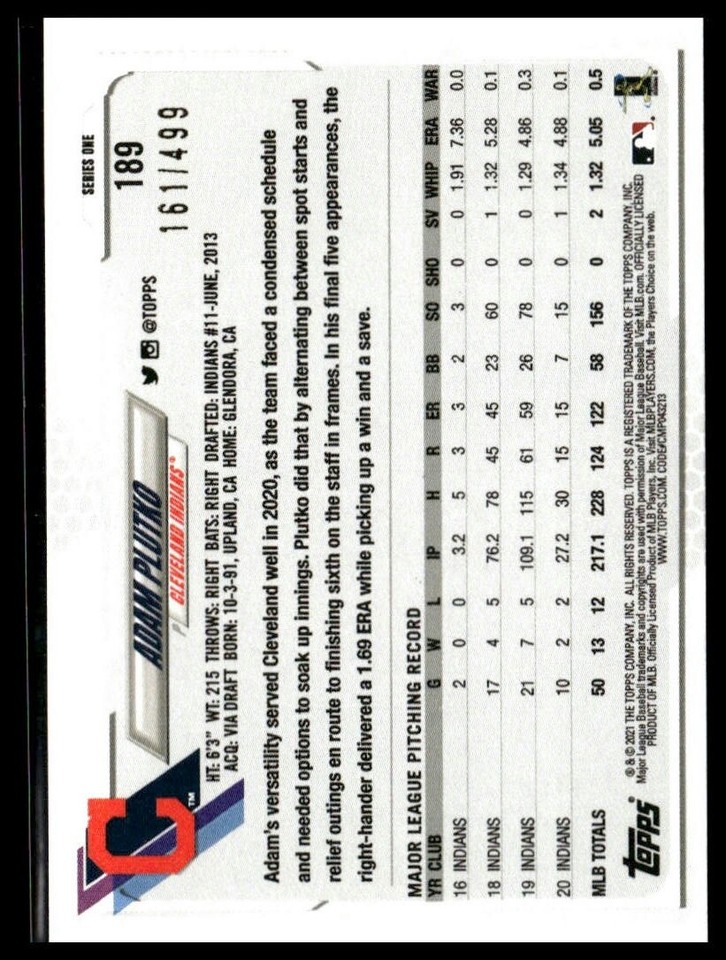 2021 Topps 189 Adam Pluto Cleveland Guardians (Indians) Green Foil 161/ ...
