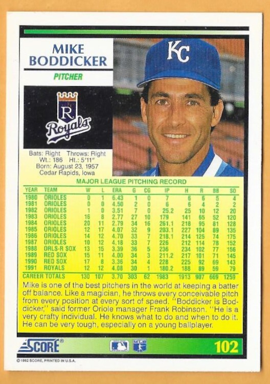 MIKE BODDICKER KANSAS CITY ROYALS #102 - SCORE NM-MT 1992 | eBay