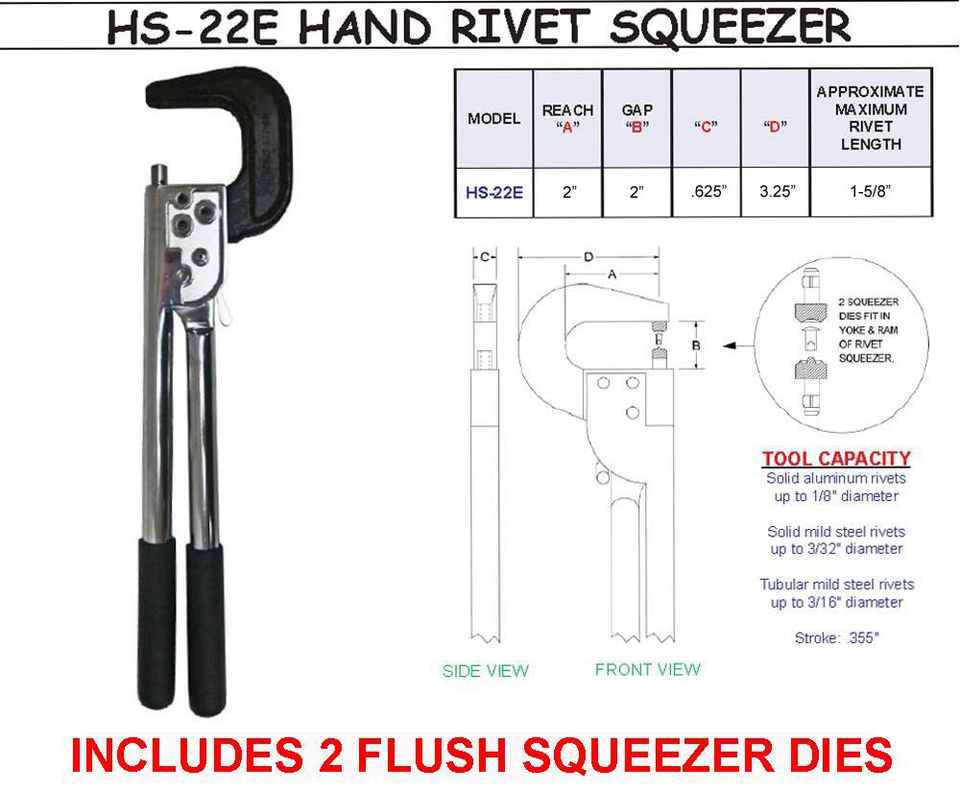 Hand Rivet Squeezer for Solid & Tubular Rivets with a 2 Reach & 2 Gap ...