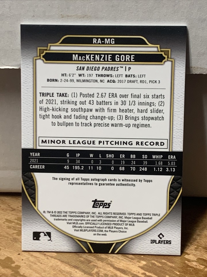 2022 Topps Triple Threads MacKenzie Gore Rookie Autograph /199 Padres ...