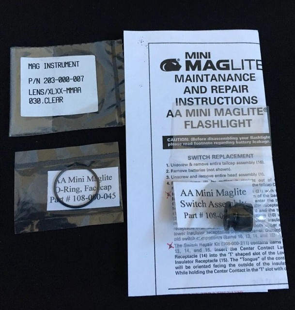 Authentic "AA" Mini Maglite Repair Switch Assembly 108-000-211 And Lens ...