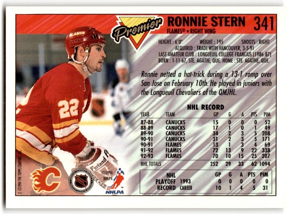 1993-94 Topps Premier Gold Ronnie Stern #341 Calgary Flames | eBay