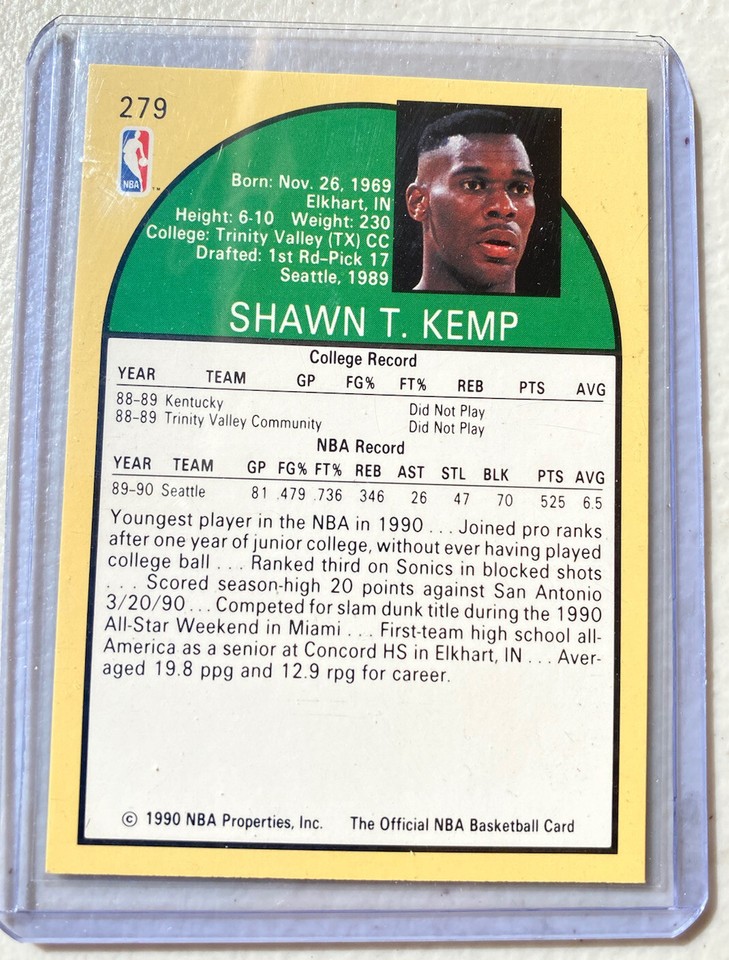 1990 Shawn Kemp Rookie of the Year Card NBA HOOPS #279 Seattle ...