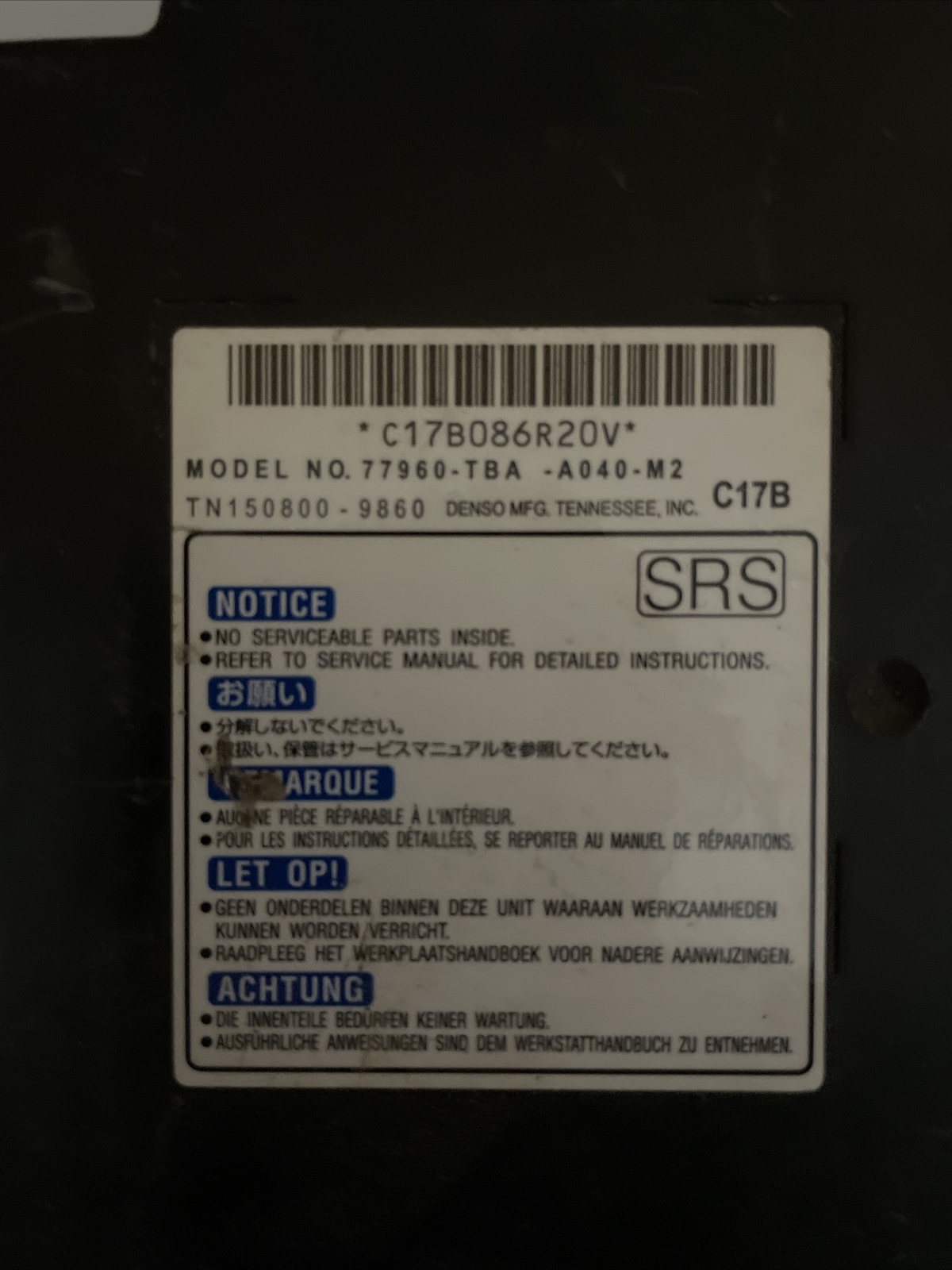 Honda CIVIC 77960-TBA-A04 SRS Unit Assembly no crash data 2019 2020 | eBay