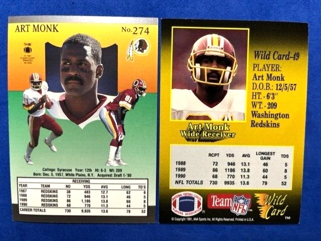 NFL - Art Monk 1991 Fleer Ultra & 1991 Wild Card Football - Redskins | eBay