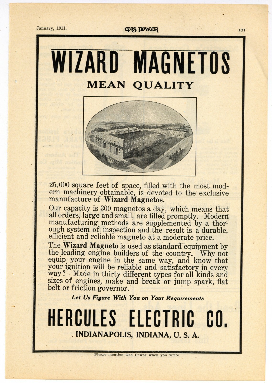 1911 Wizard Magnetos Ad: Hercules Electric Co. Factory Picture ...