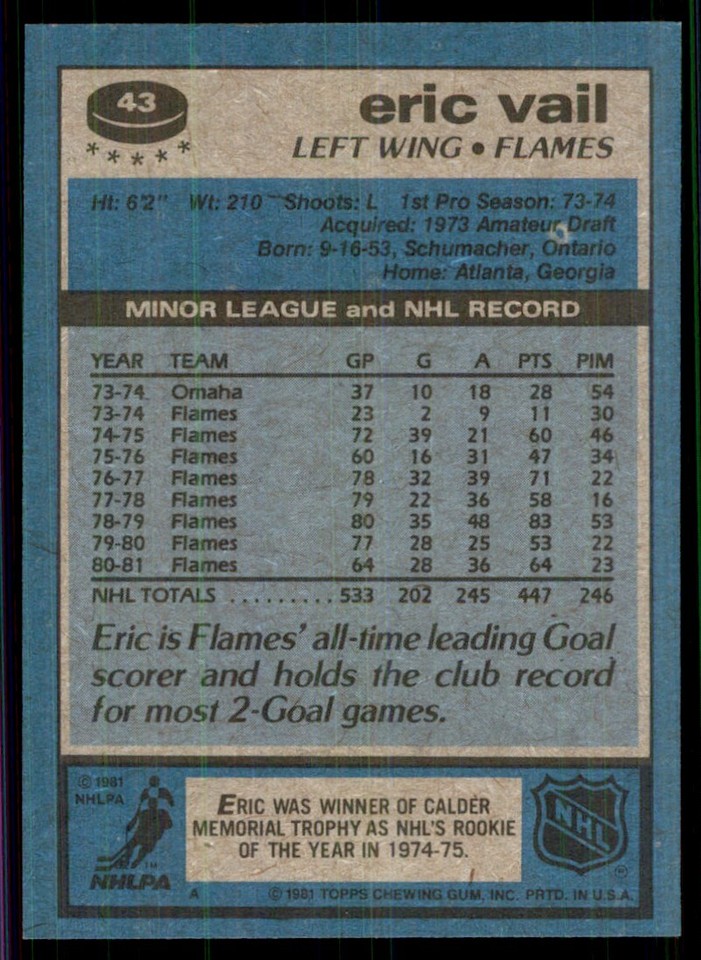 1981-82 Topps Eric Vail Calgary Flames #43 | eBay