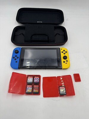 Nintendo Switch v1 Video Game Console HAC-001 Yellow/Blue Bundle With 5 ...