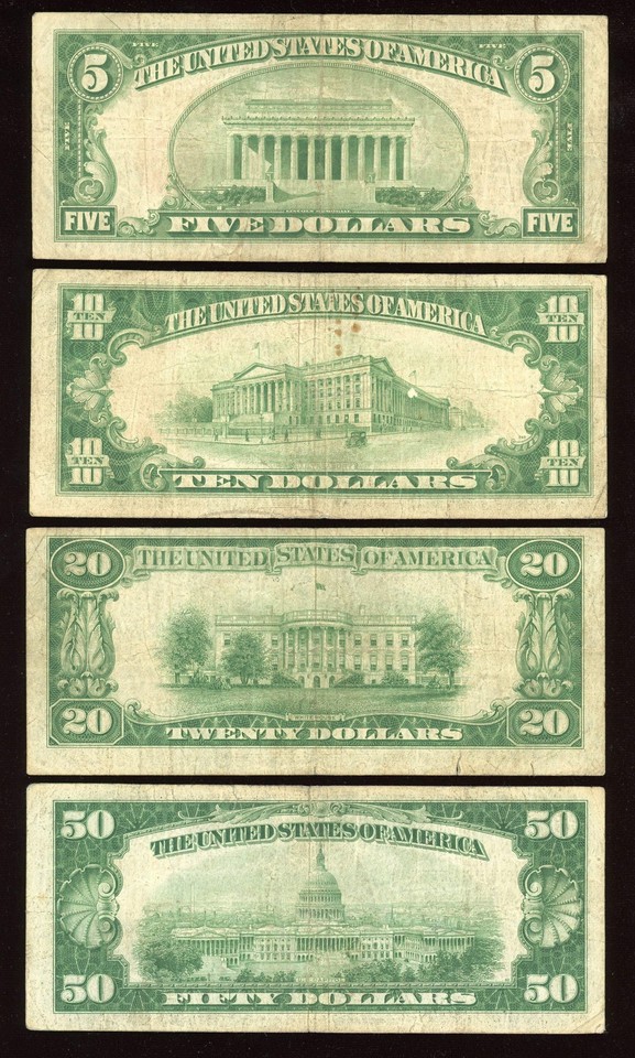 1929 National Bank Notes Set Federal Reserve Notes $5 $10 $20 $50 Brown ...