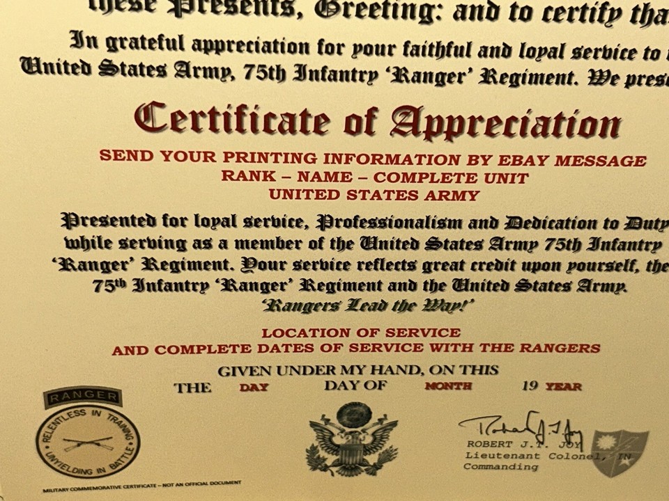 U.S. ARMY 75 RANGERS - LRRP RANGER RECONDO LRP-LRS / CERTIFICATE OF ...