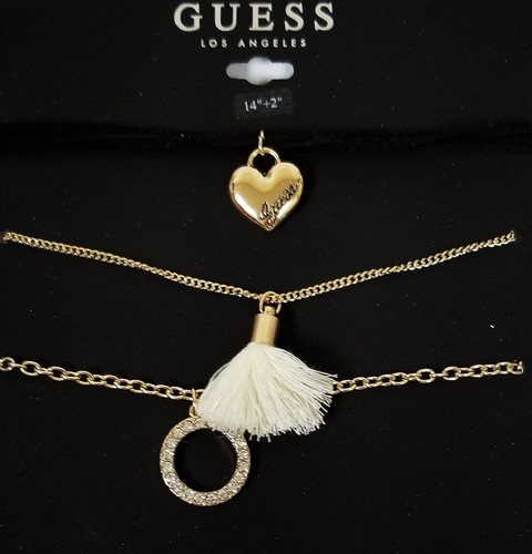 GUESS SET OF 3 GOLD CHAIN,CORD,HEART,TASSEL,HOOP,CRYSTALS,BLACK CHOKER ...