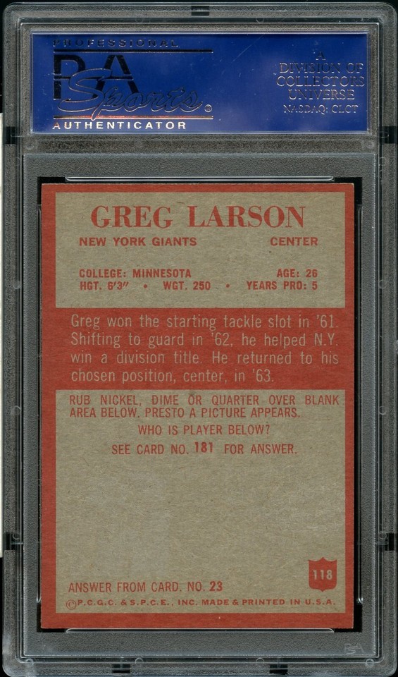 1965 Philadelphia FB Card #118 Greg Larson New York Giants ROOKIE RC PSA NM-MT 8 | eBay
