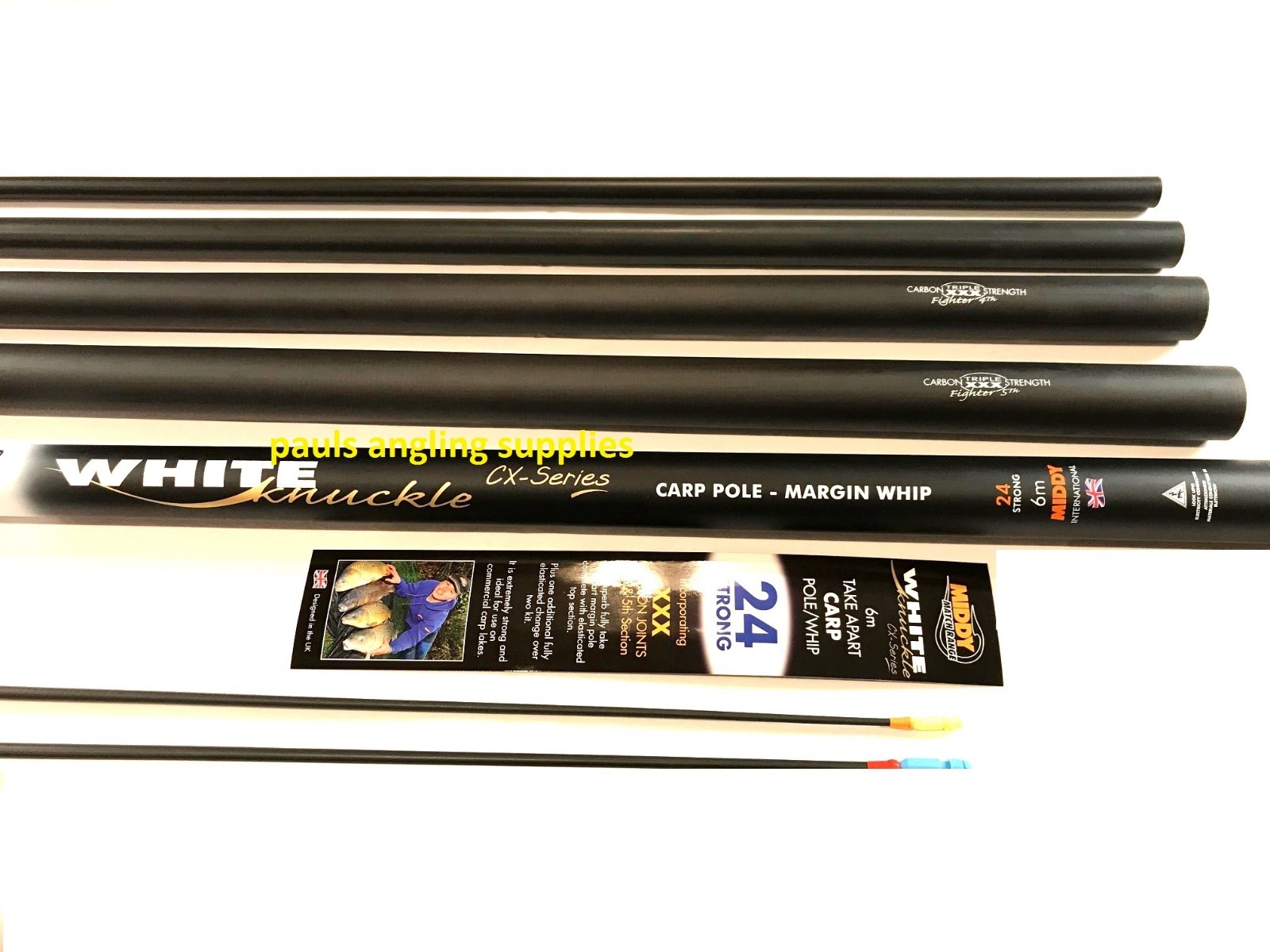 Middy 6m Carbon White Knuckle Fishing Pole & 2 X Top Kits with Elastic ...