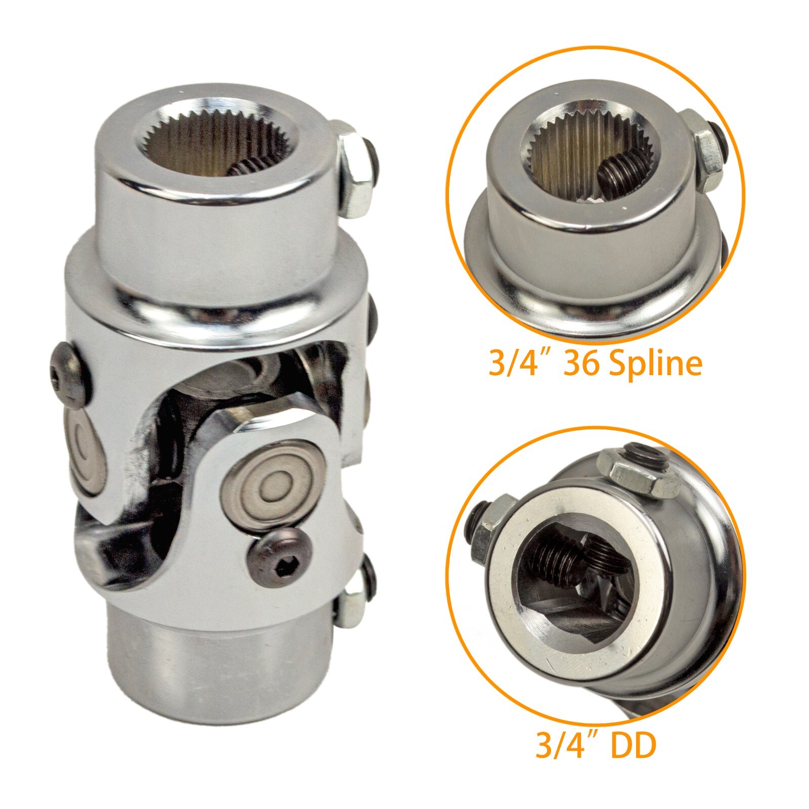 Steering Shaft U Joint 3/4 DD to 3/4 36 Spline Single Chrome U Joint ...