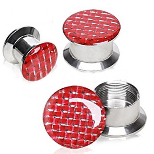 PAIR-Carbon Check Red Steel Stash Screw On Ear Plugs 16mm/5/8" Gauge | eBay