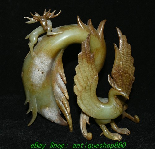 5.9'' Old Chinese Dynasty Hetian Jade Carved Phoenix Bird Deer Statue ...
